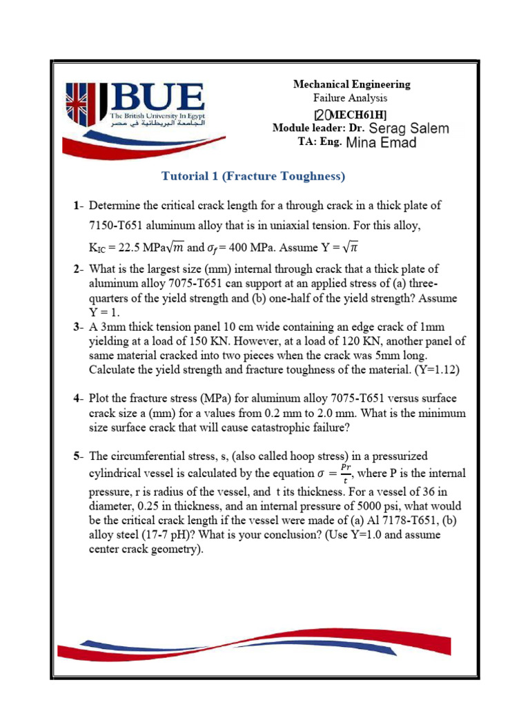 Tutorial 1 Failure Analysis (20MECH61H) | PDF