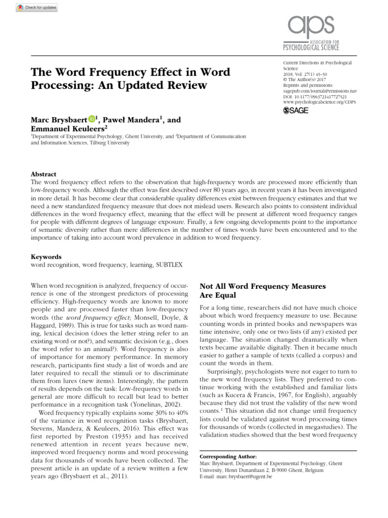 Brysbaert Et Al 2017 The Word Frequency Effect in Word Processing An ...