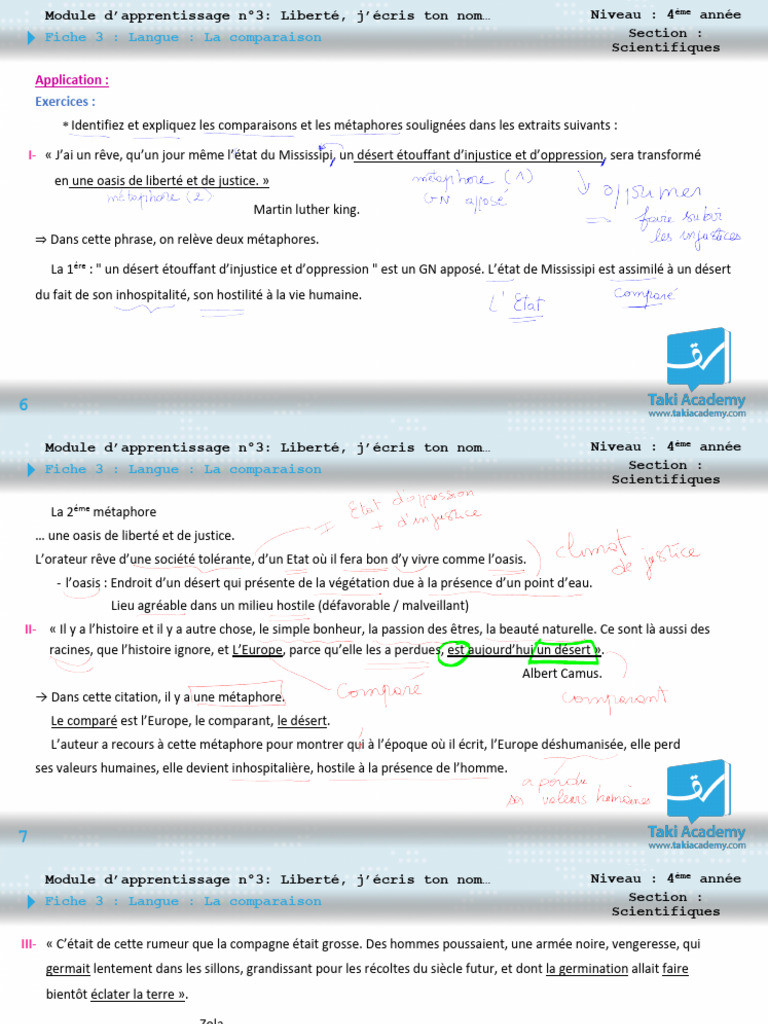 Fiche 3 Langue La Comparaison Et Le Métaphore Application Corrigé | PDF