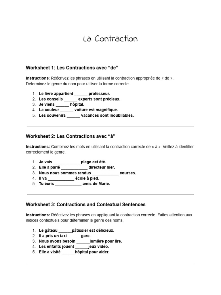 Contractions en Français: Exercices Pratiques | PDF | Language Arts ...