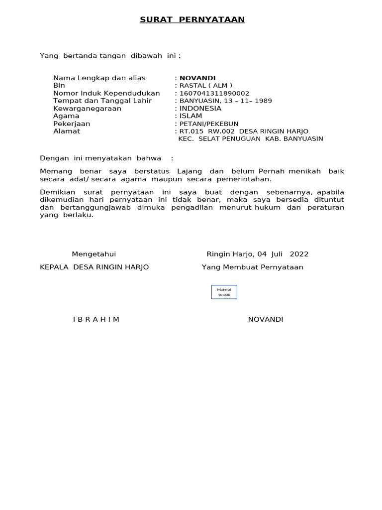 Surat Pernyataan Jejaka | PDF