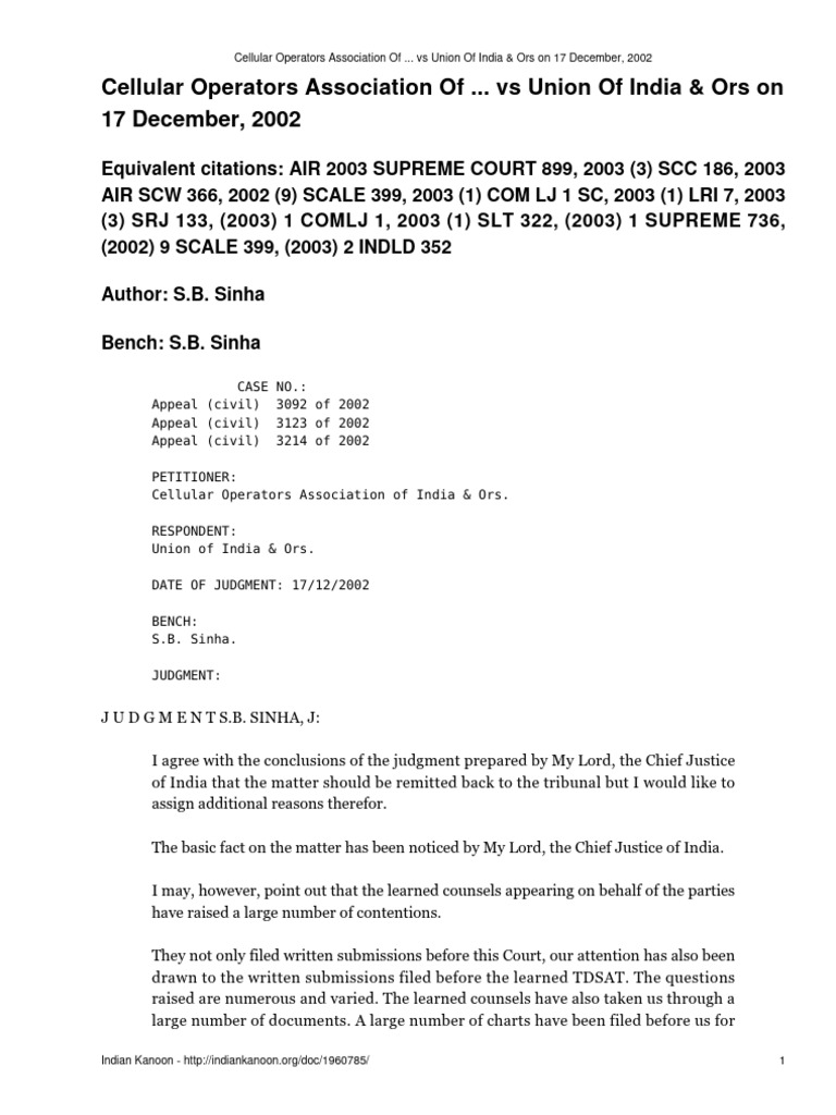 Cellular operators association of India vs Union of India 2002 | PDF
