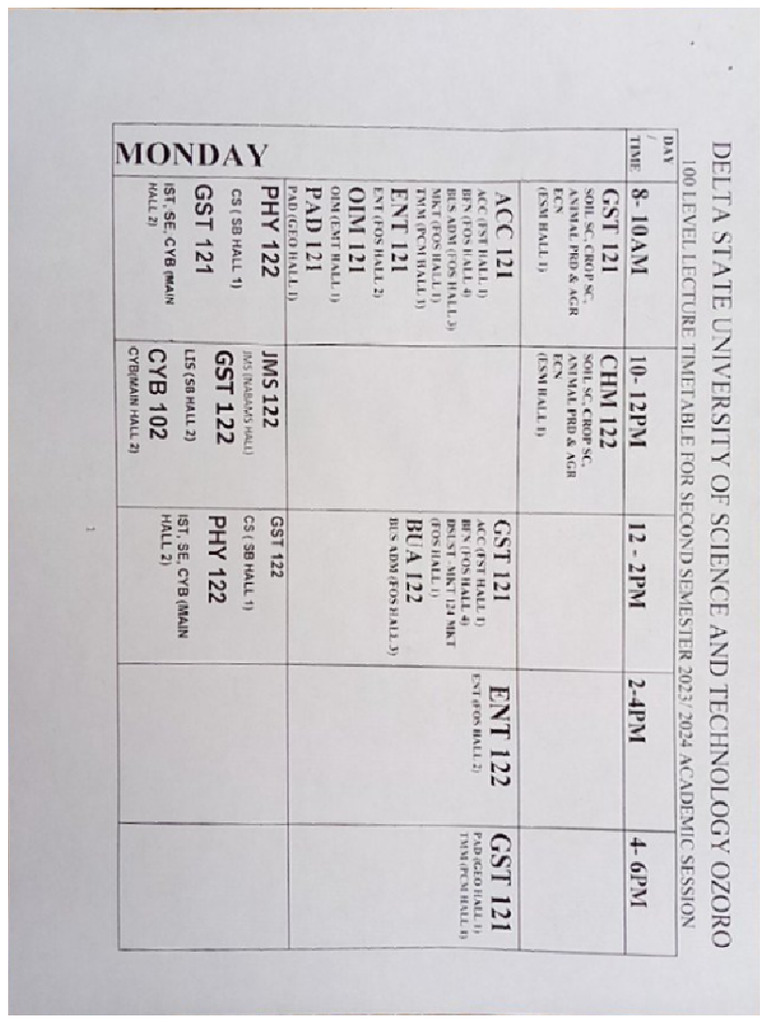 General 100L Lecture Timetable | PDF