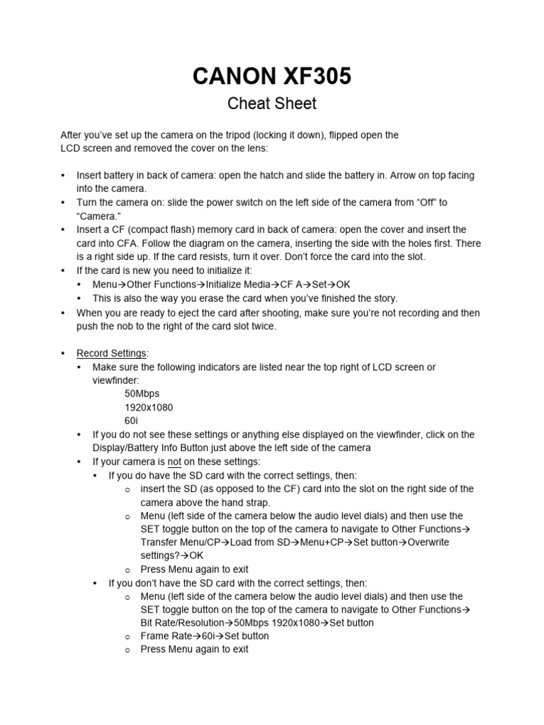 Canon XF305 Cheat Sheet 30apr15 | PDF | Camera | Tripod (Photography)