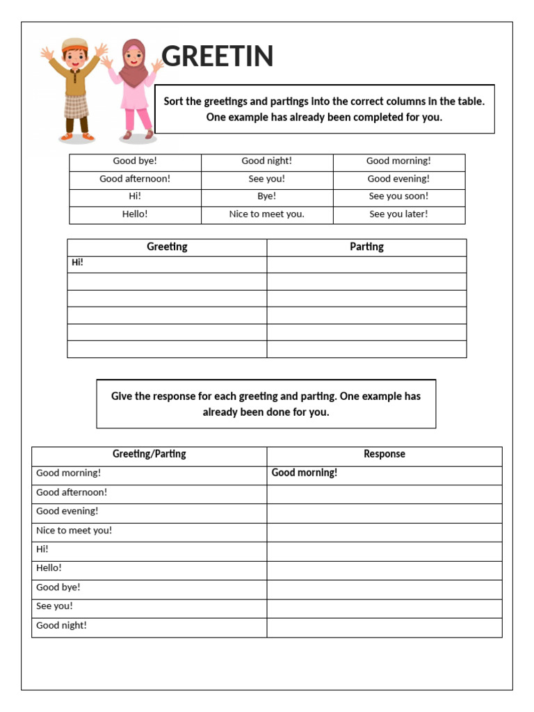 Greeting and Parting Worksheet | PDF