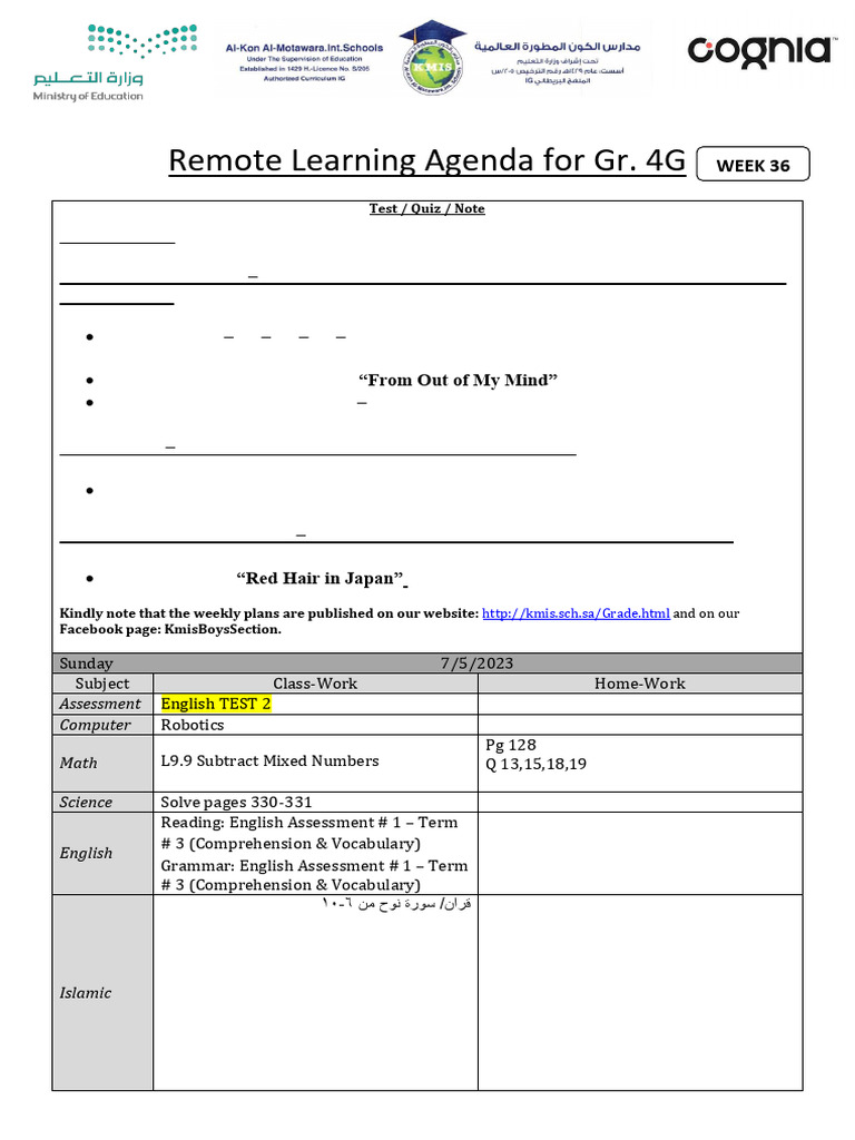 Remote Learning Agenda For Gr. 4G: Week 36 | PDF