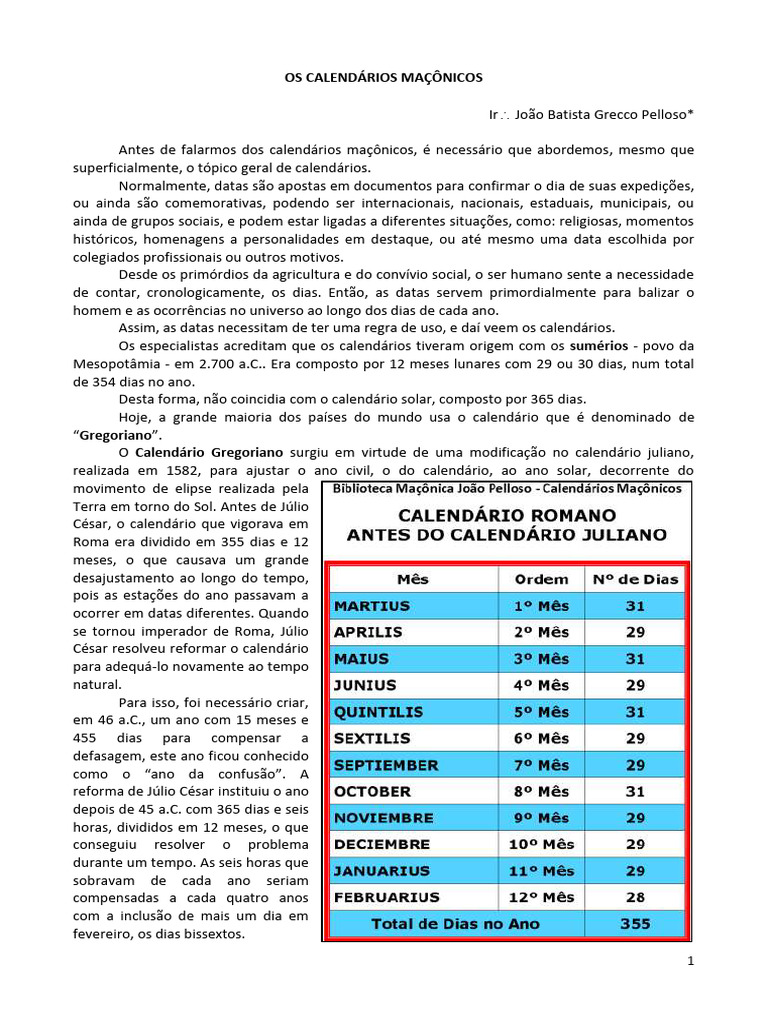 Os Calendários Maçônicos | PDF