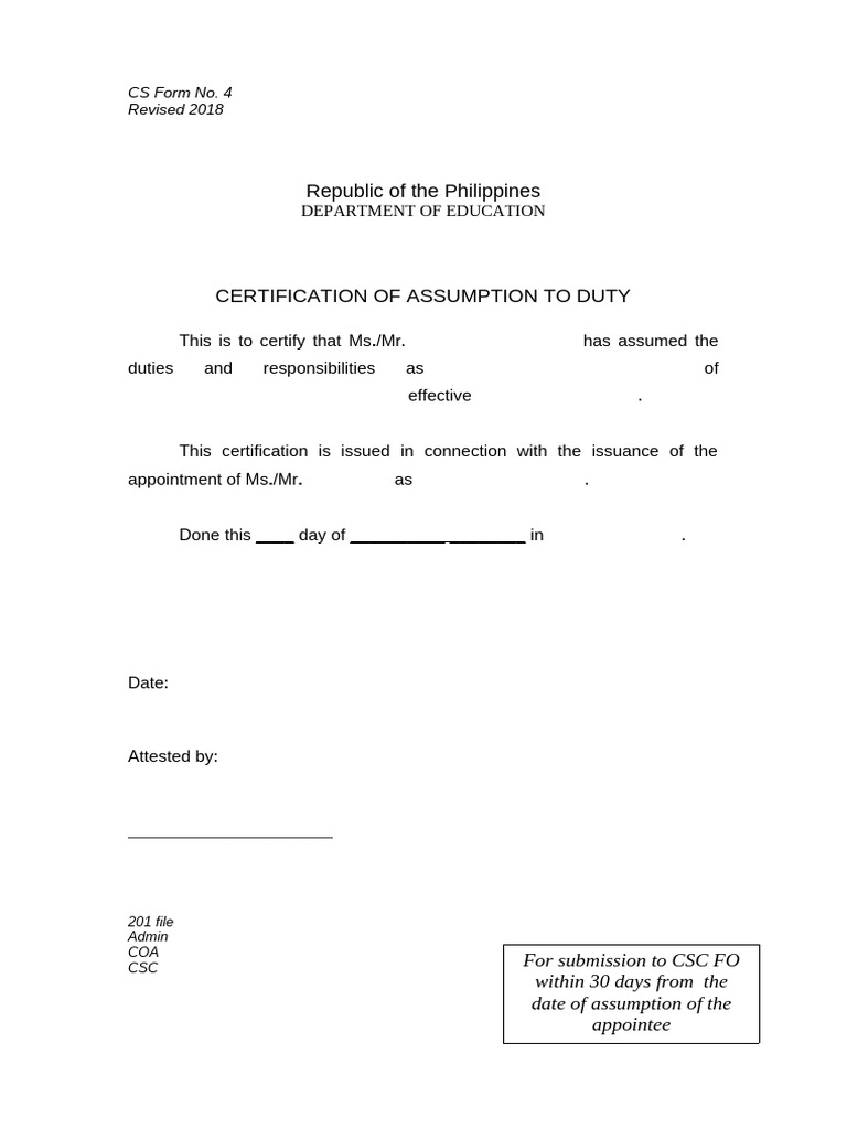 CS Form No. 4 Certification of Assumption To Duty | PDF