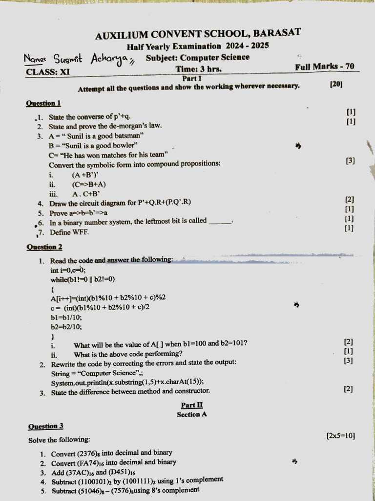 Computer Science Class 11 Half Yearly ACS BARASAT | PDF | Software Engineering | Computer ...