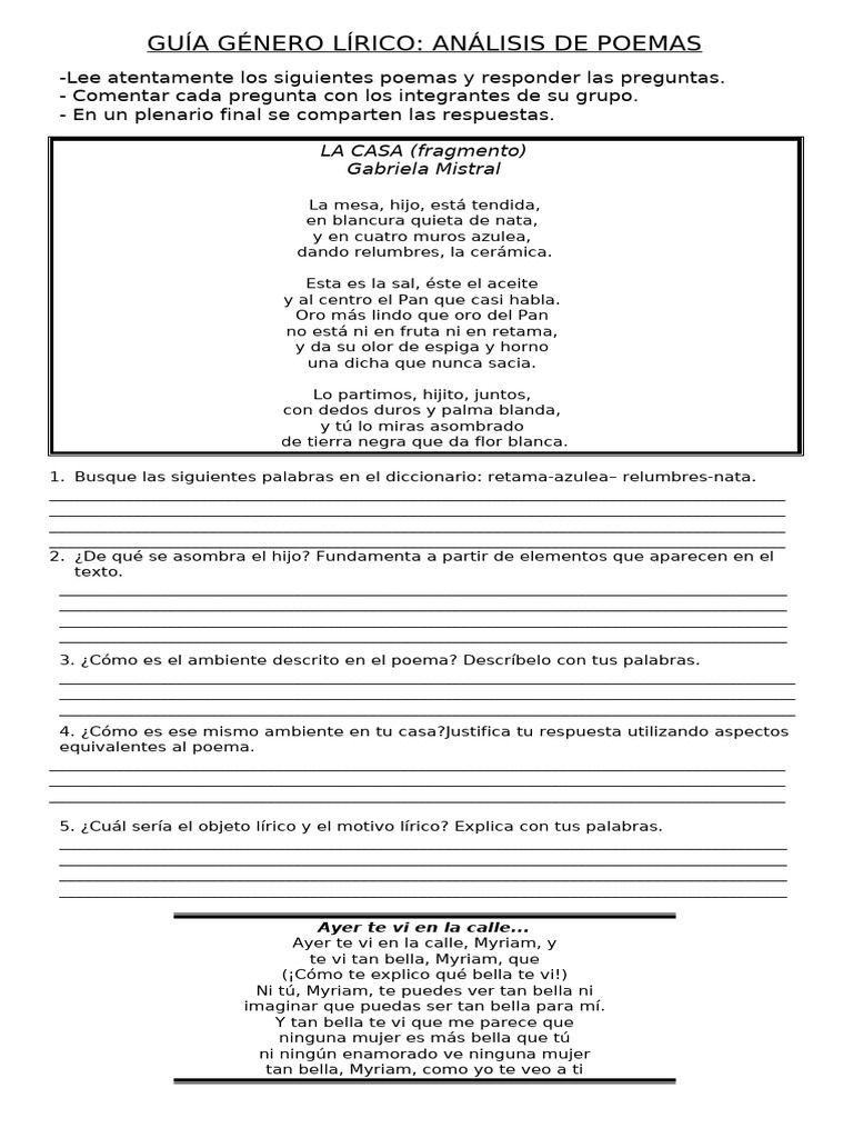 Guía Análisis de Dos Poemas 6to (Actividad) | PDF | Hogar, jardinería y ...