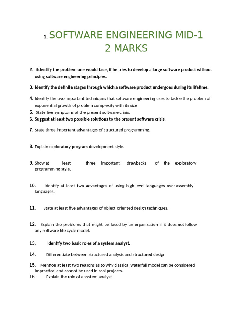 Software Engineering Mid1 2 Marks | PDF