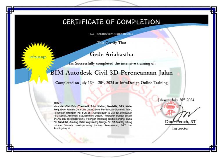 Certificate of Completion: BIM Autodesk Civil 3D Perencanaan Jalan | PDF