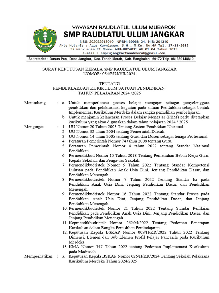 SK Pemberlakuan Kurikulum | PDF