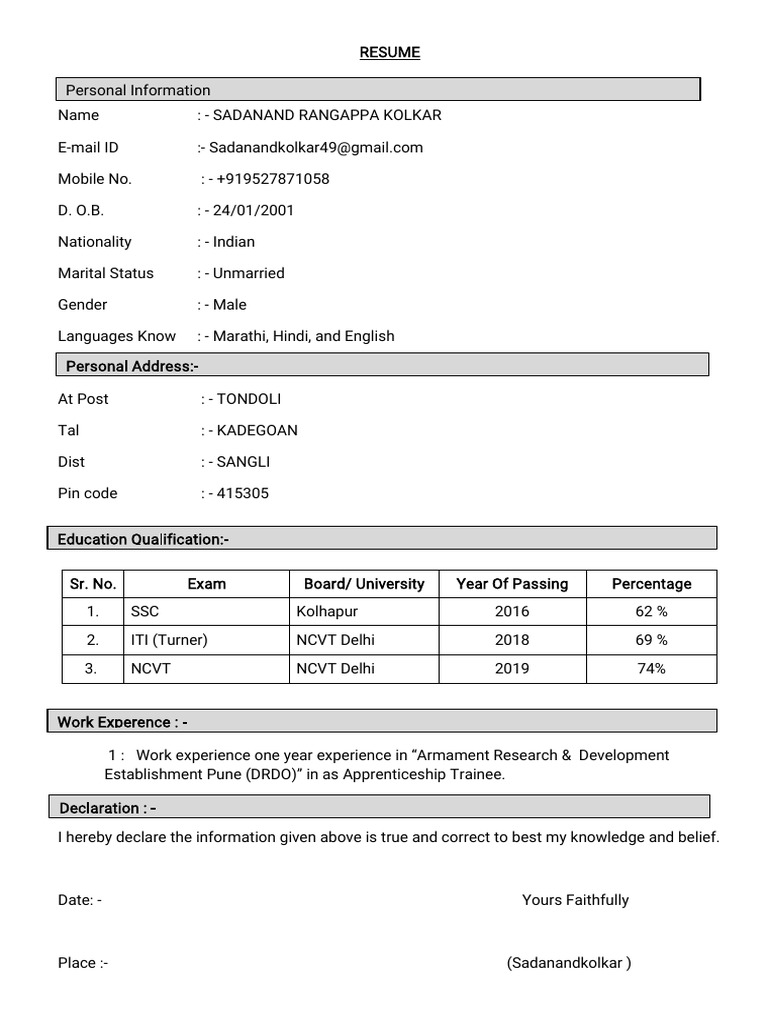 Job Resume Format in Marathi | PDF