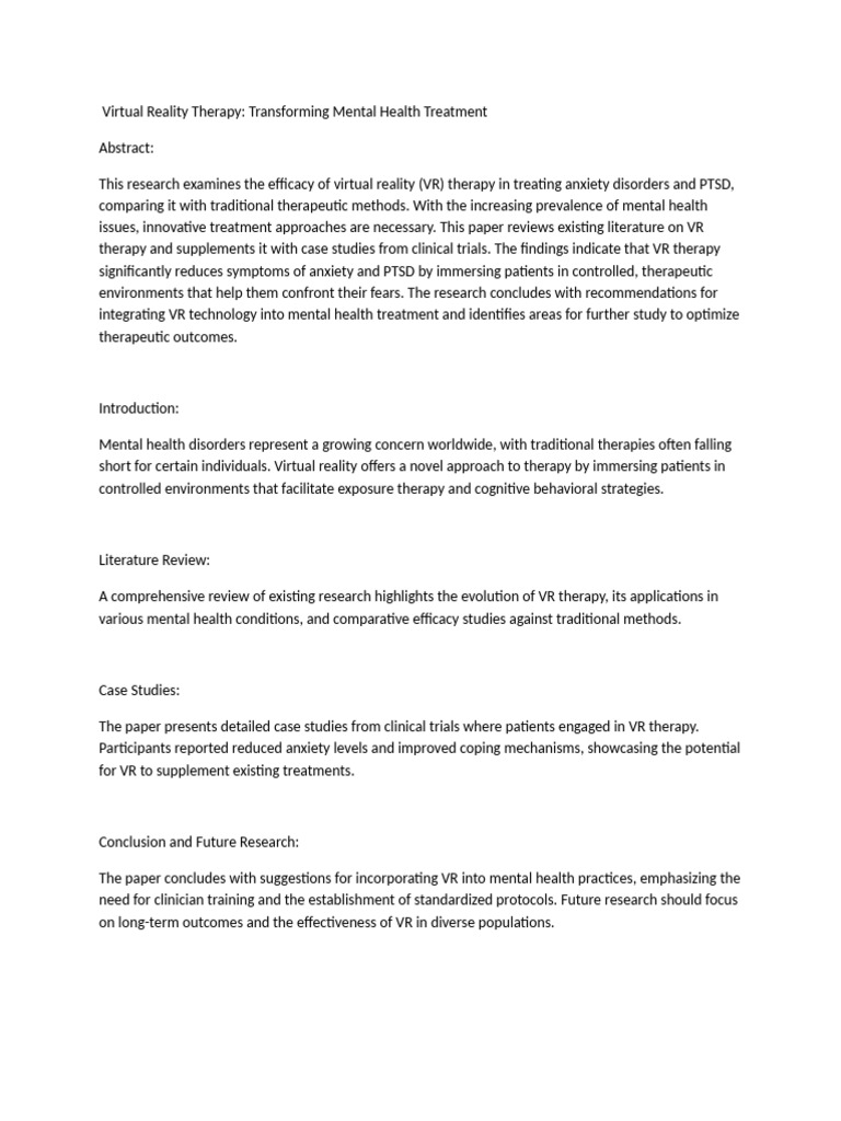 Virtual Reality Therapy Transforming Mental Health Treatment | PDF
