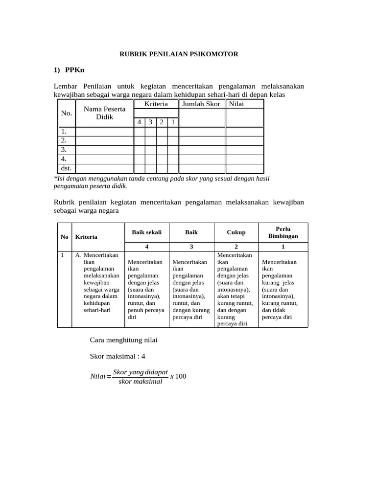 Rubrik Penilaian Psikomotor | PDF