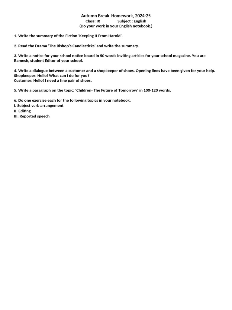 Class 9, English. Autumn Break Homework 2024-25 | PDF