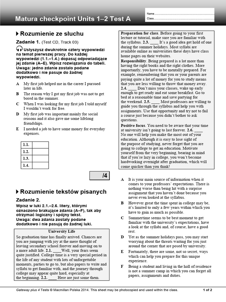Matura Checkpoint Units 1-2 Test A | PDF
