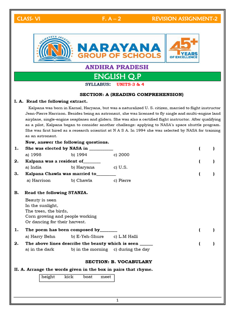 ENGLISH - A.P SSC VI ENGLISH - FA-2 REVISION ASSIGNMENT - 2 - Assignment | PDF