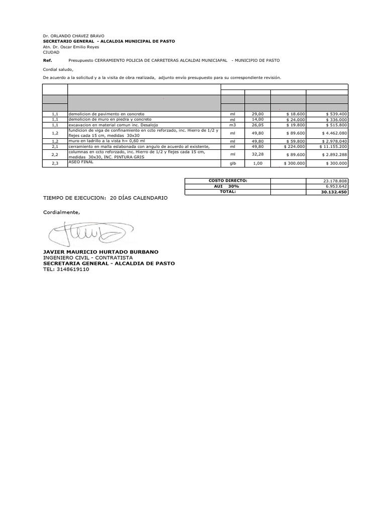 Ppto Traslado MURO POLICIA DE CARRETERAS | PDF