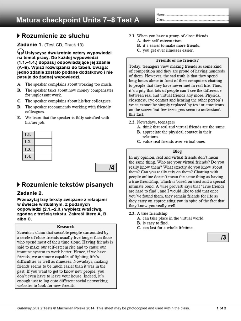 Matura Checkpoint Units 7-8 Test A | PDF