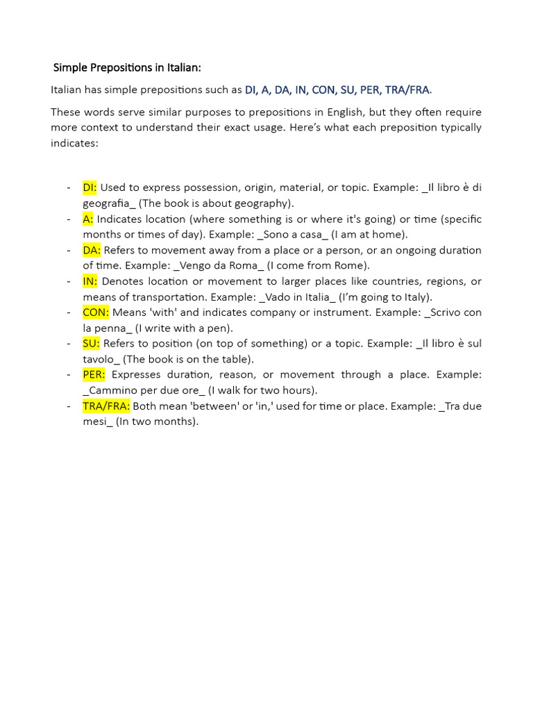 Simple Prepositions in Italian | PDF