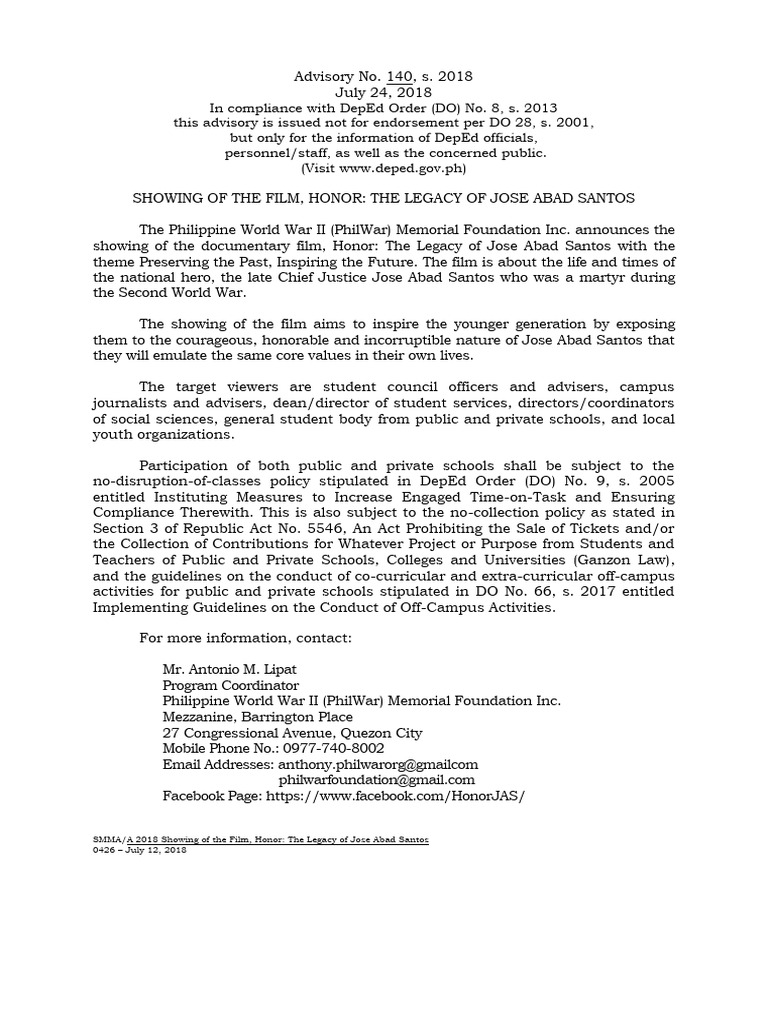 SMMA/A 2018 Showing of The Film, Honor: The Legacy of Jose Abad Santos 0426 - July 12, 2018 | PDF