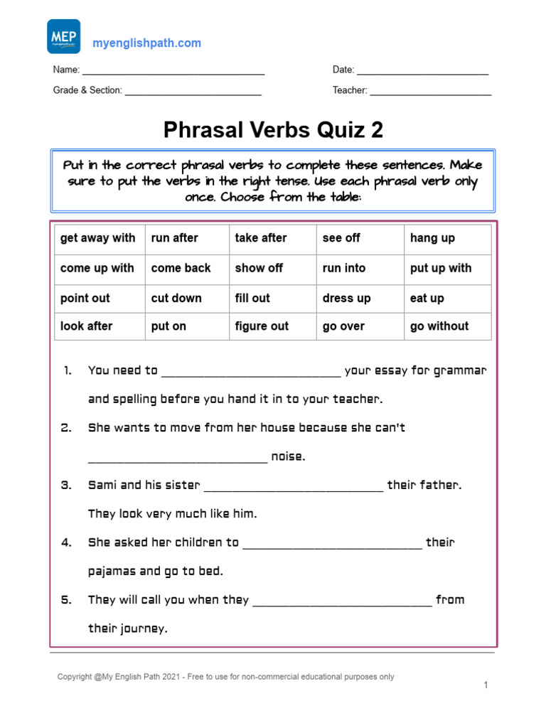 Phrasal Verbs Quiz 2 With Answers | PDF