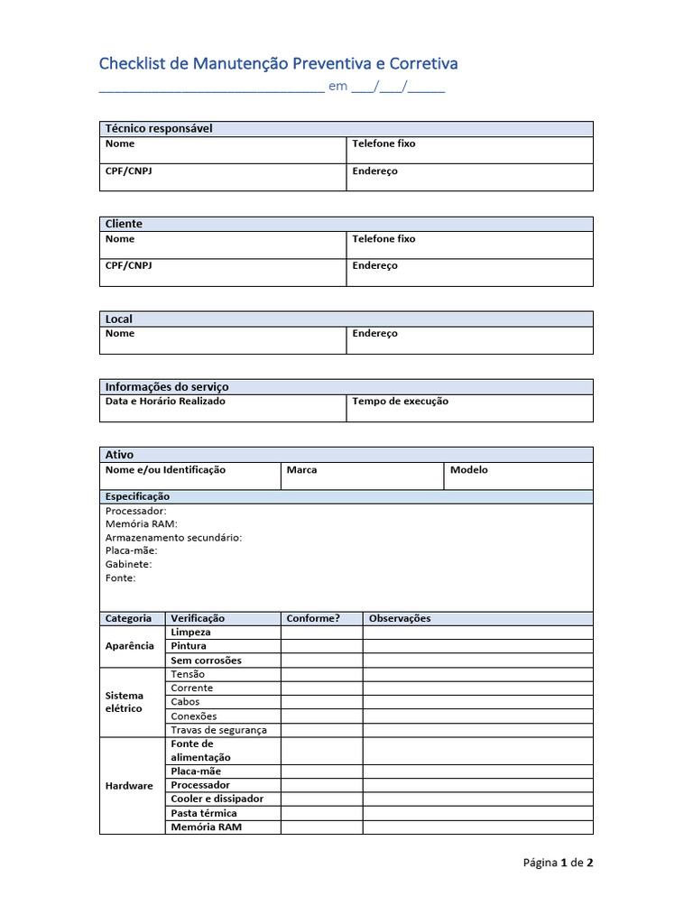 Checklist de Manutenção Preventiva e Corretiva (Modelo) | PDF