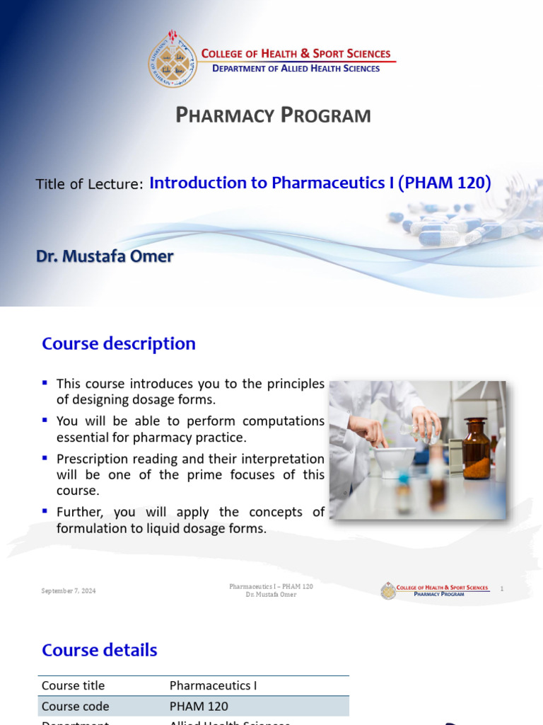 Lec 00 - Inroduction To Pharmaceutics I | PDF