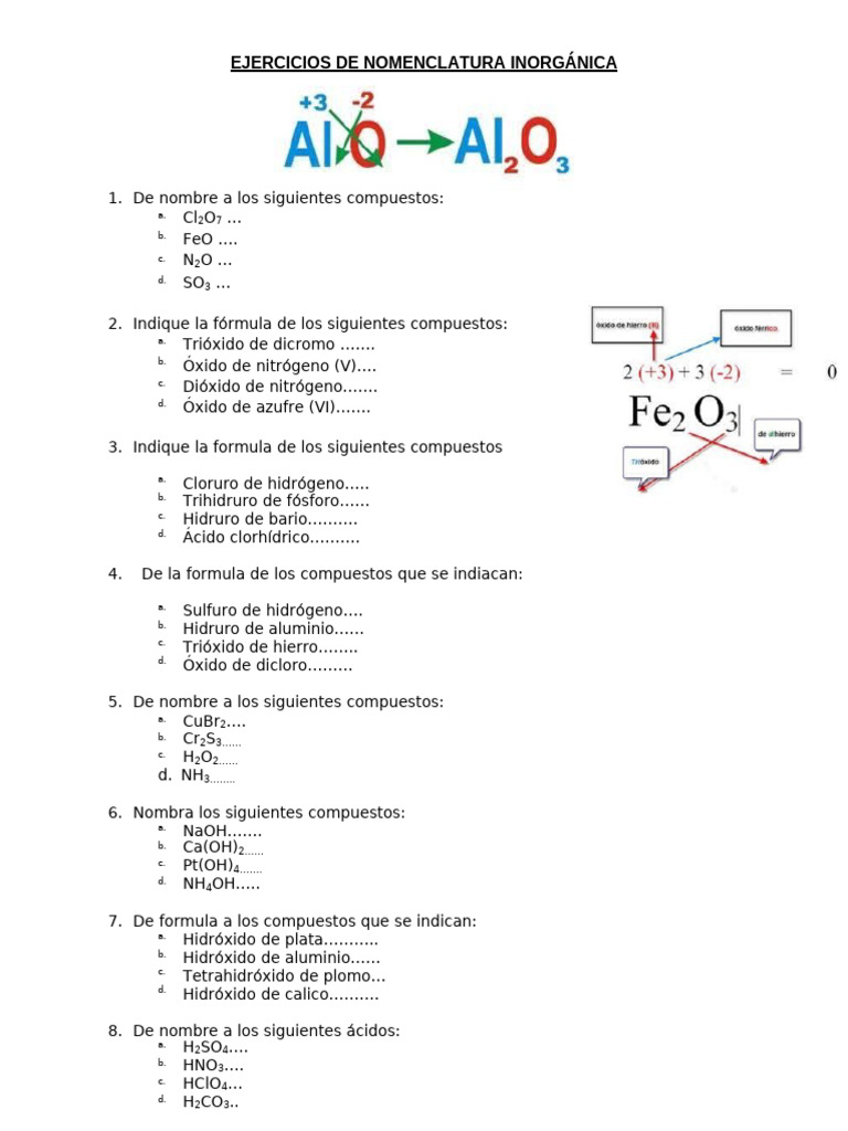 Ejercicios Nomenclatura Inorgánica | PDF