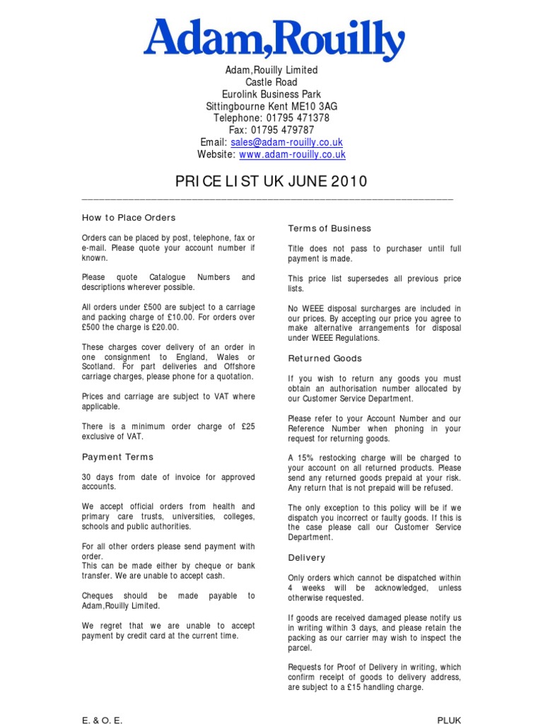 Adam Rouilly Price List June 080610 | PDF | Intravenous Therapy | Ear