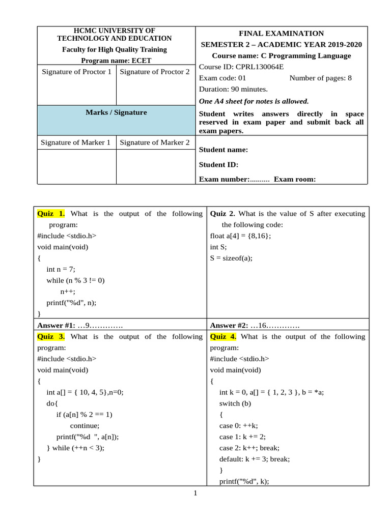 C Programming Final Exam Questions | PDF | Object Oriented Programming | Computer Engineering