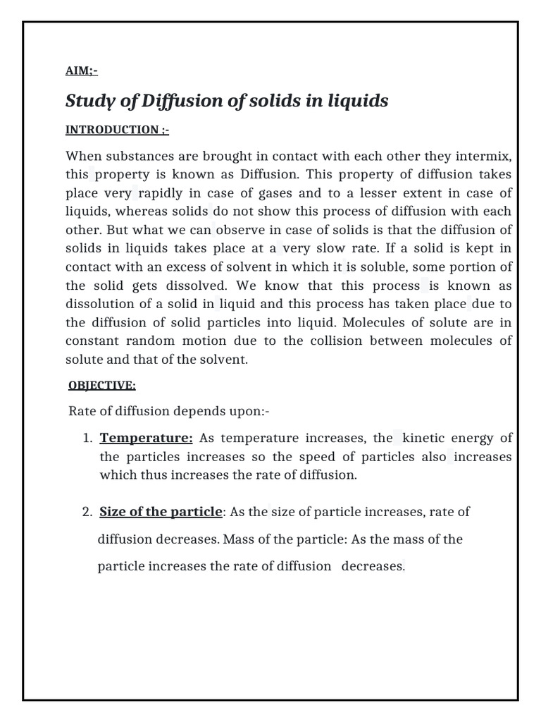 Study of Diffusion of Solids in Liquids | PDF