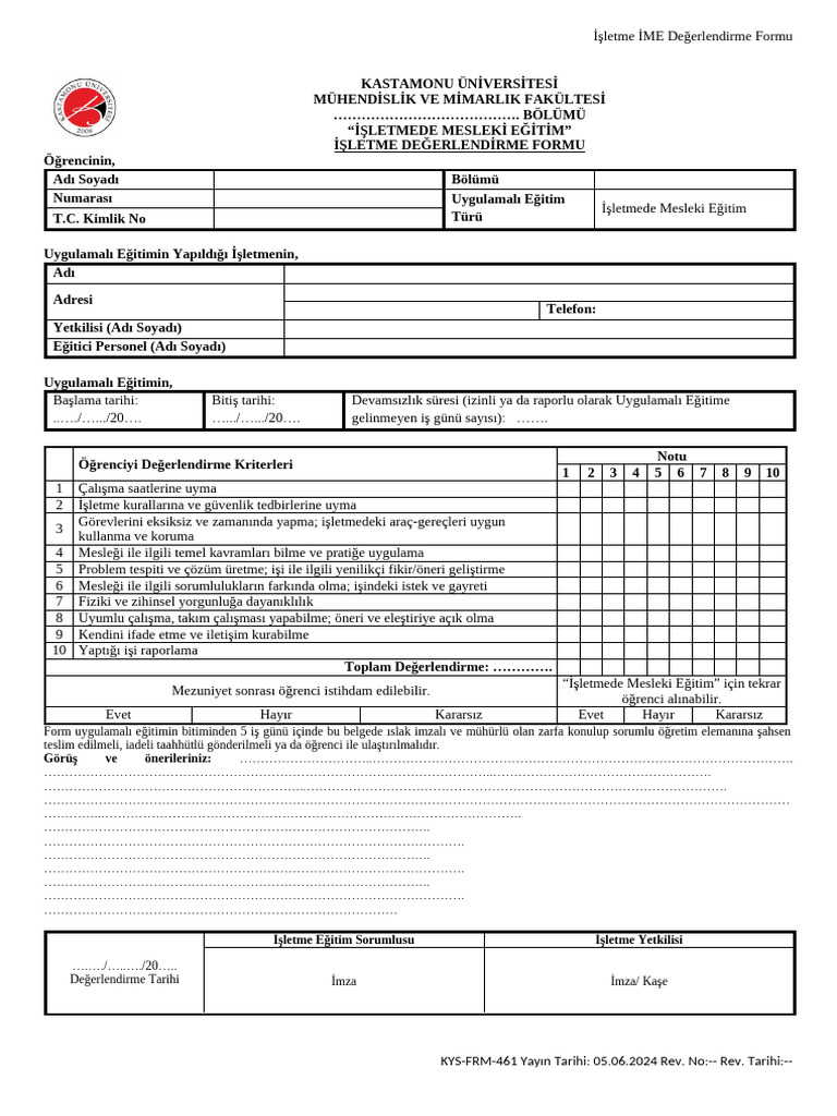KYS-FRM-461 Isletme_Degerlendirme_Formu IME | PDF