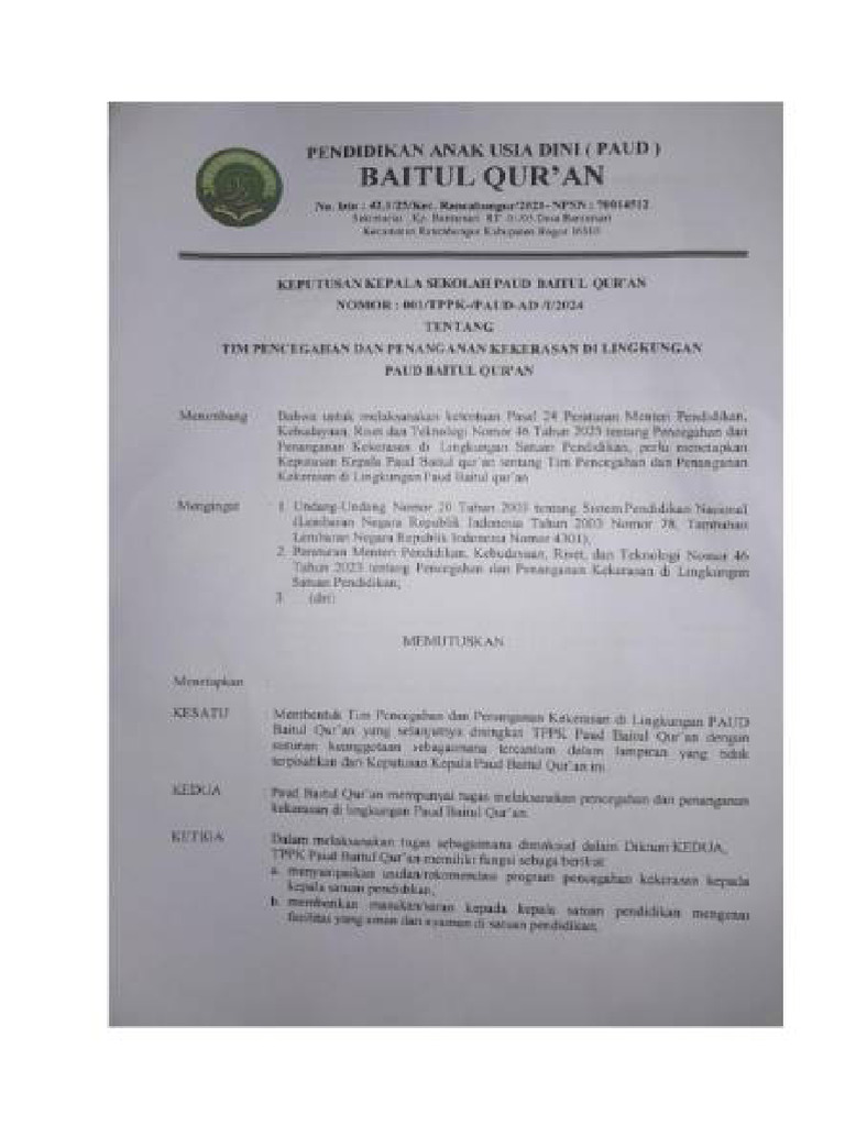 SK TPPK Paud Baitul Qur'an | PDF