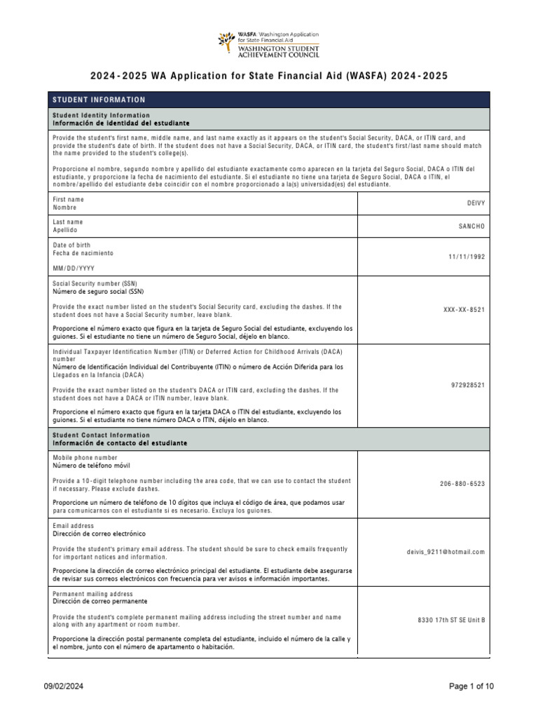 WA Application For State Financial Aid (WASFA) 2024-2025 | PDF