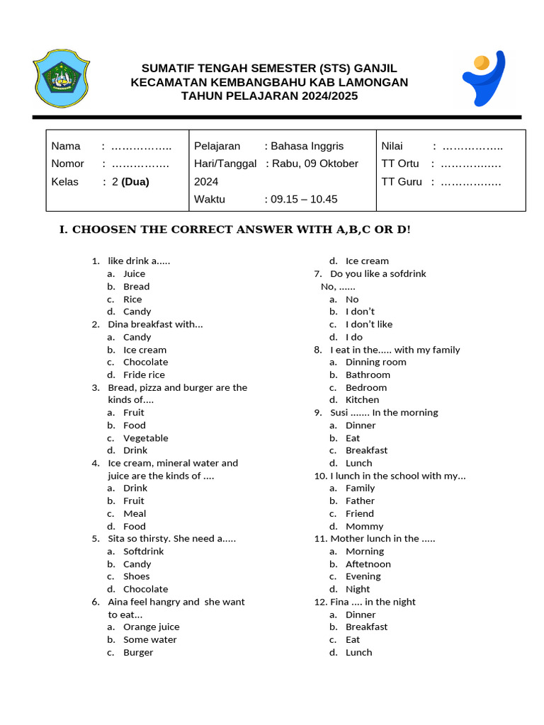 Soal Bahasa Inggris Sts Ganjil 2024 | PDF