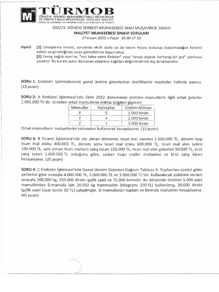 SMMM Yeterlilik Sinavi 2022 3 Maliyet Muhasebesi | PDF