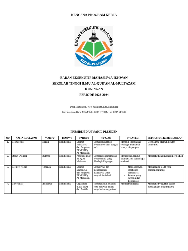 Program Kerja BEM 2023-2024 | PDF