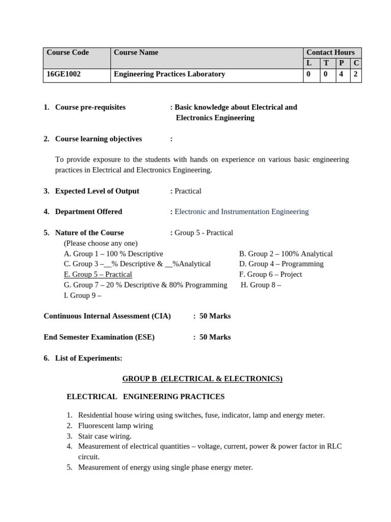 16GE1002 EP Lab Course Plan | PDF