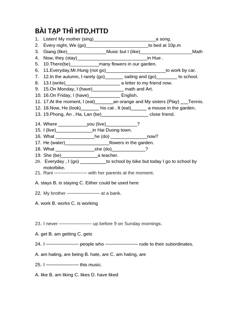 BÀI TẬP THÌ HTD | PDF