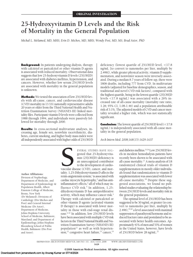 25-Hydroxyvitamin D Levels and The Risk of Mortality in The General Population | PDF