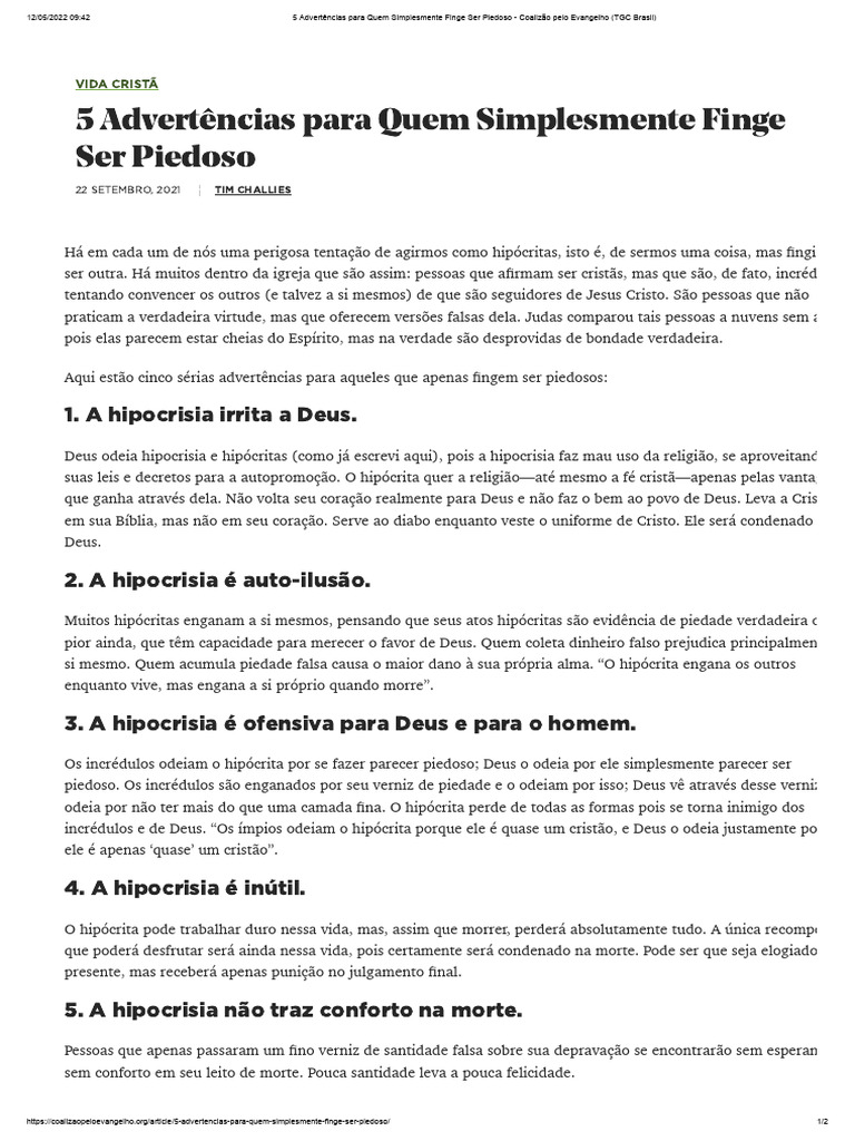 5 Advertências para Quem Simplesmente Finge Ser Piedoso - Coalizão Pelo Evangelho (TGC Brasil) | PDF
