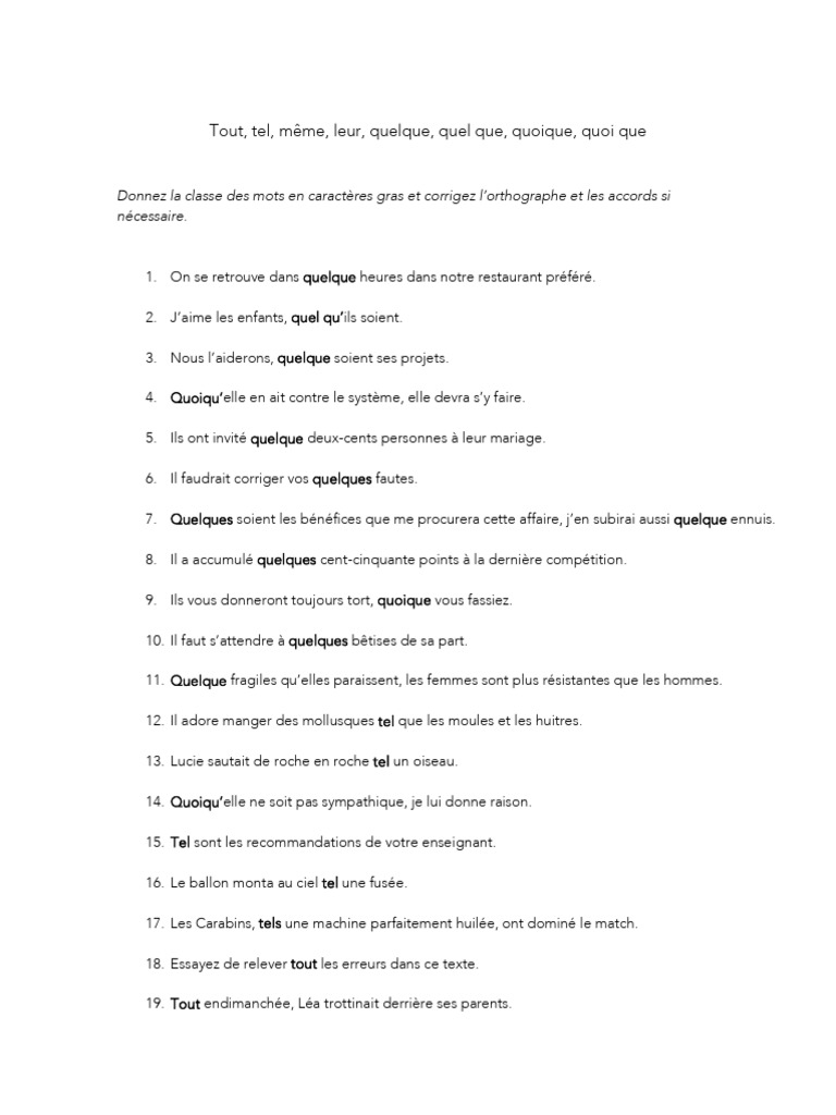 Exercices Sur Tout, Même, Leur, Quelque, Quel Que, Tel, Quoique, Quoi ...