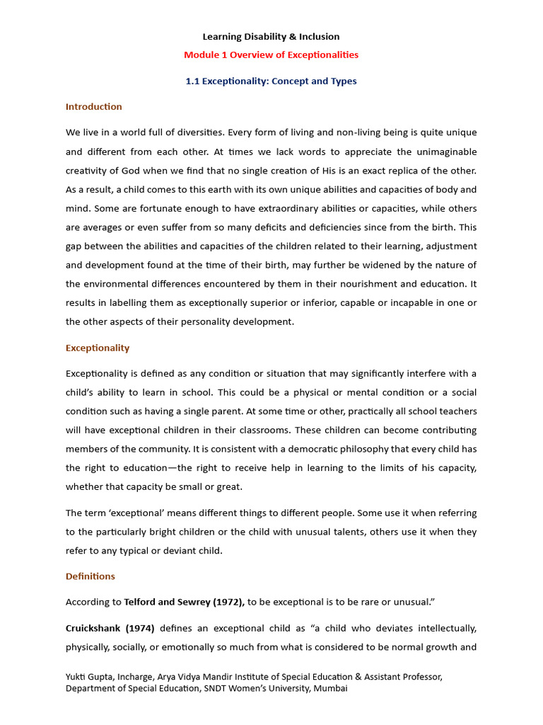 Module 1 1.1 & 1.2 Exceptionality and It's Types & Characteristics ...
