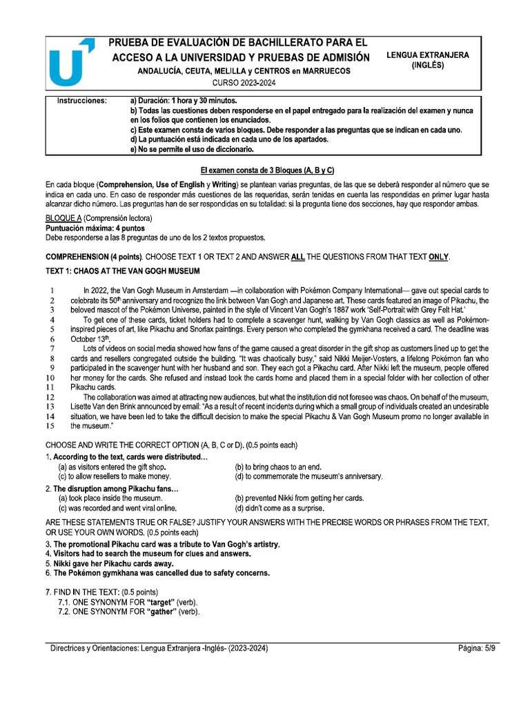 PAU Exam Billie Eilish - Van Gogh Museum | PDF
