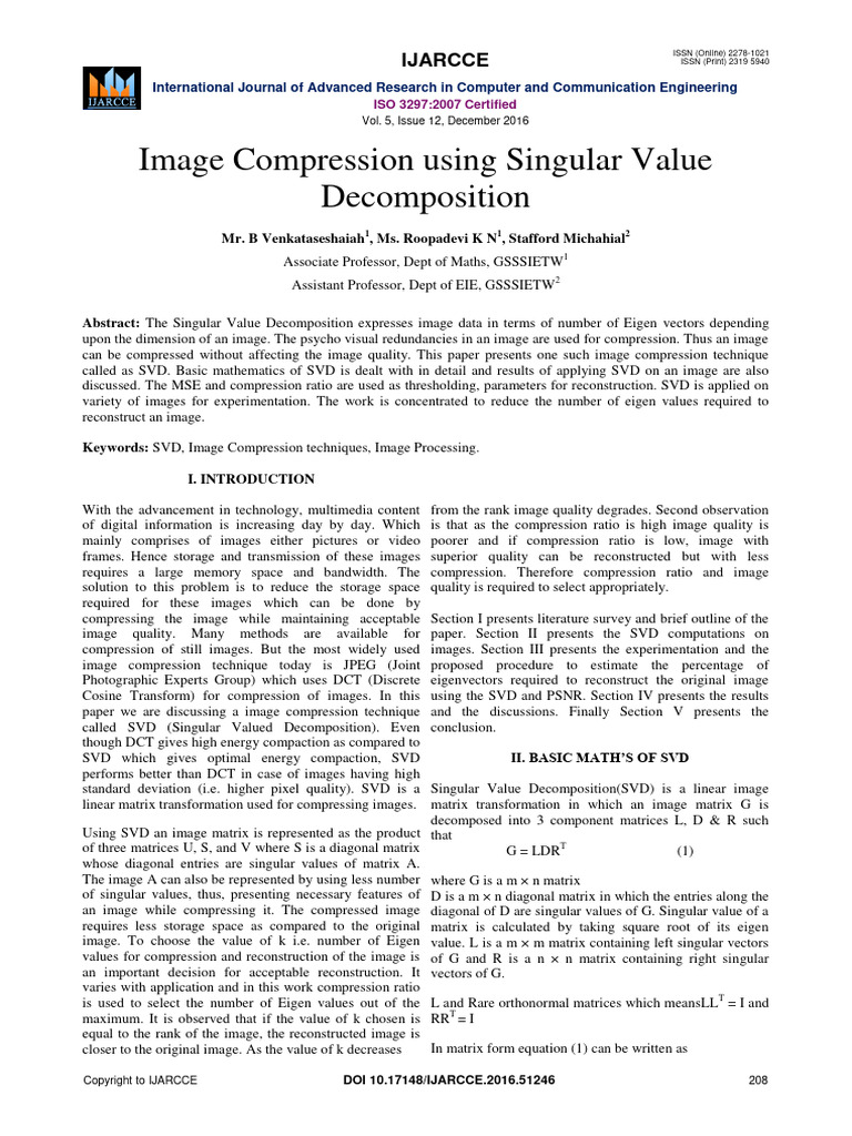 Image Compression Using Singular Value D | PDF