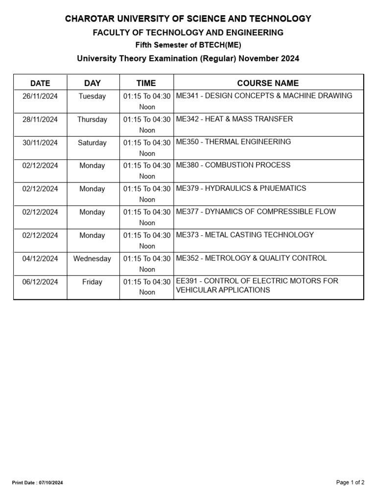 Theory Schedule Exam BTECH (ME) Session 5 Regular | PDF