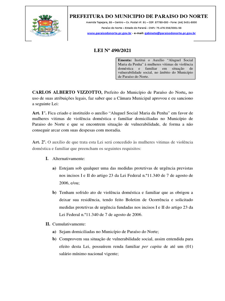 Lei 490 2021 - Aluguel Social Maria Da Penha | PDF